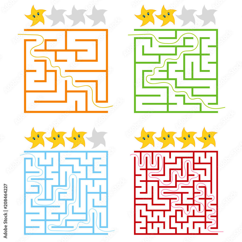 A set of square colored labyrinths with a rating of stars. Four levels ...