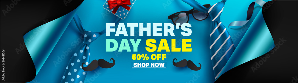 Father's Day Sale Promotion Poster or banner with open gift wrap paper ...