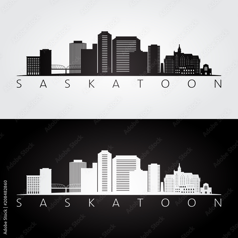 Saskatoon skyline and landmarks silhouette, black and white design ...