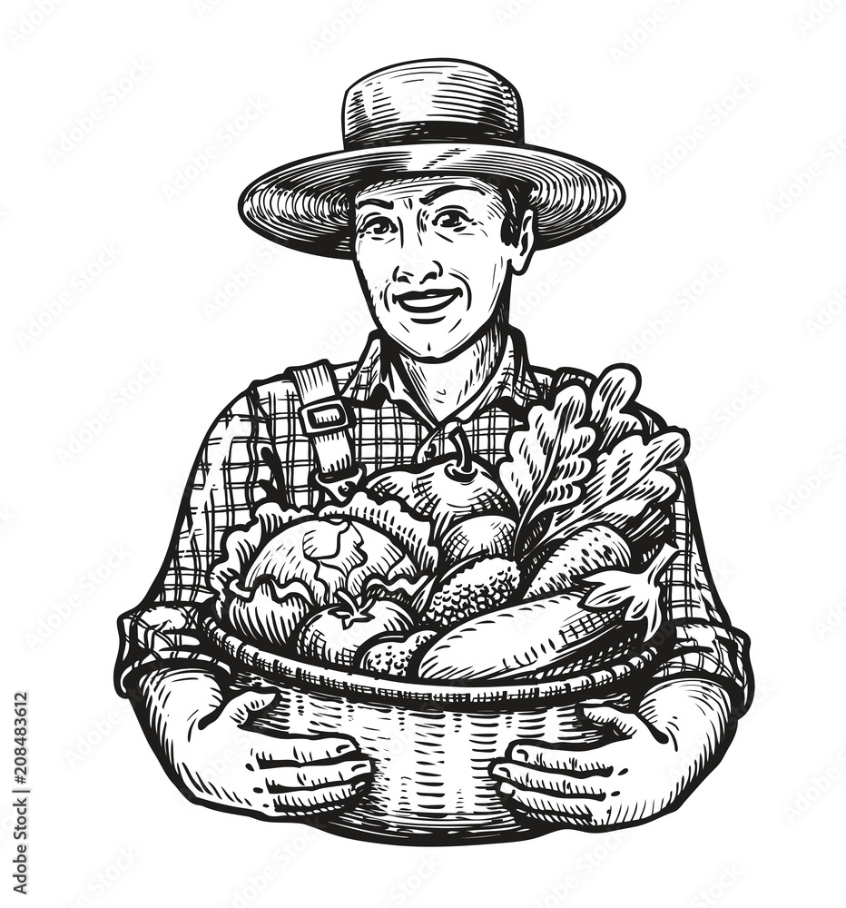Happy farmer holds a wicker basket full of fresh vegetables. Farm ...