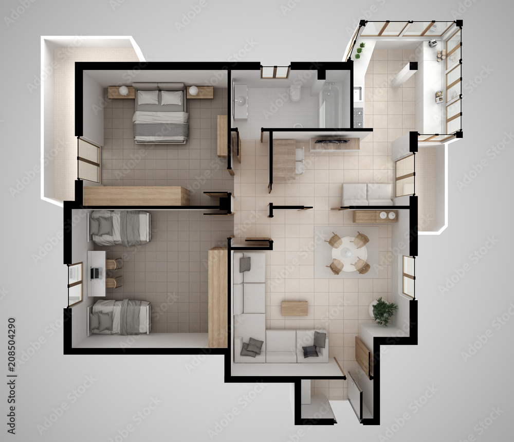 Apartment flat top view, furniture and decors, plan, cross section ...
