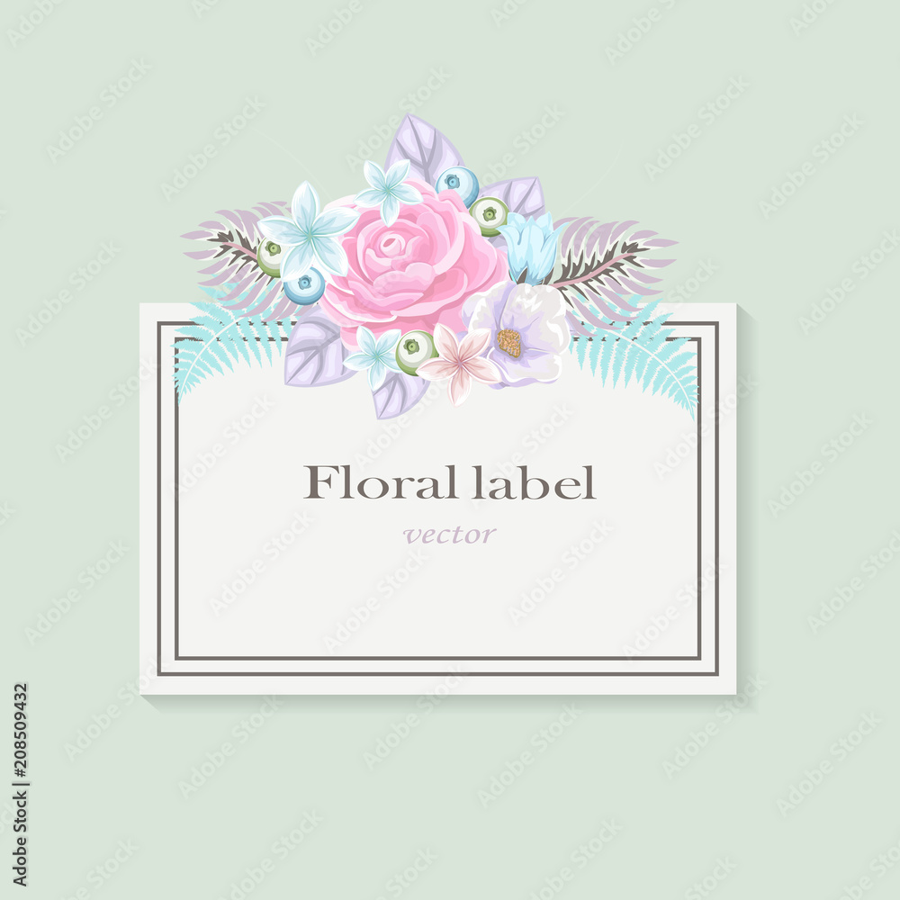 Rectangle frame with pink and blue flowers. Vector Floral label on ...