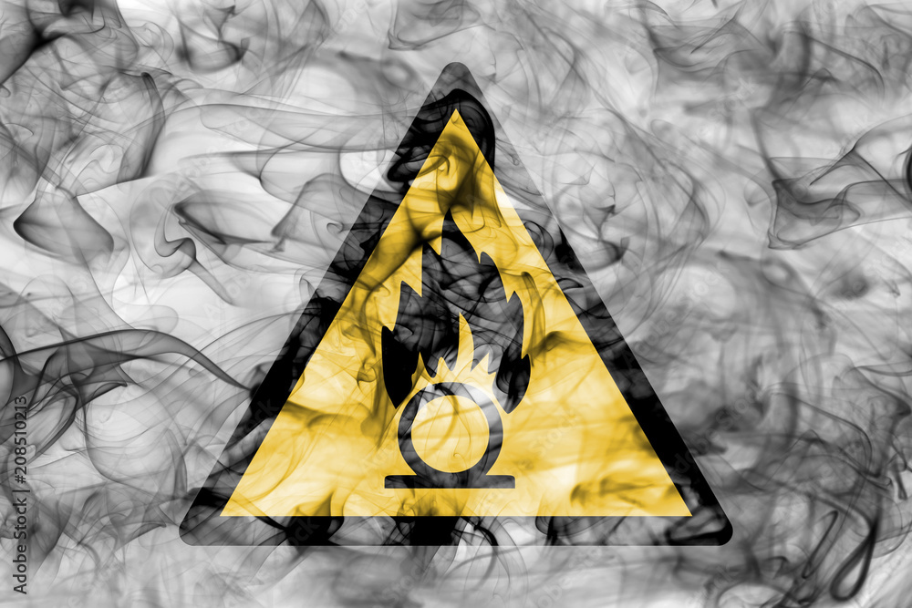 Oxidising materials hazard warning smoke sign. Triangular warning ...