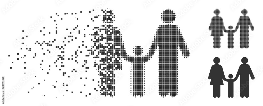Dispersed family child pixel icon with disintegration effect. Halftone ...