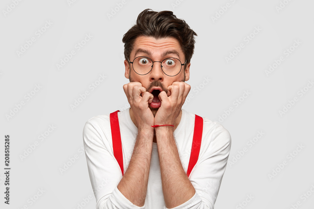 Portrait of puzzled scared male professor finds out about student`s ...