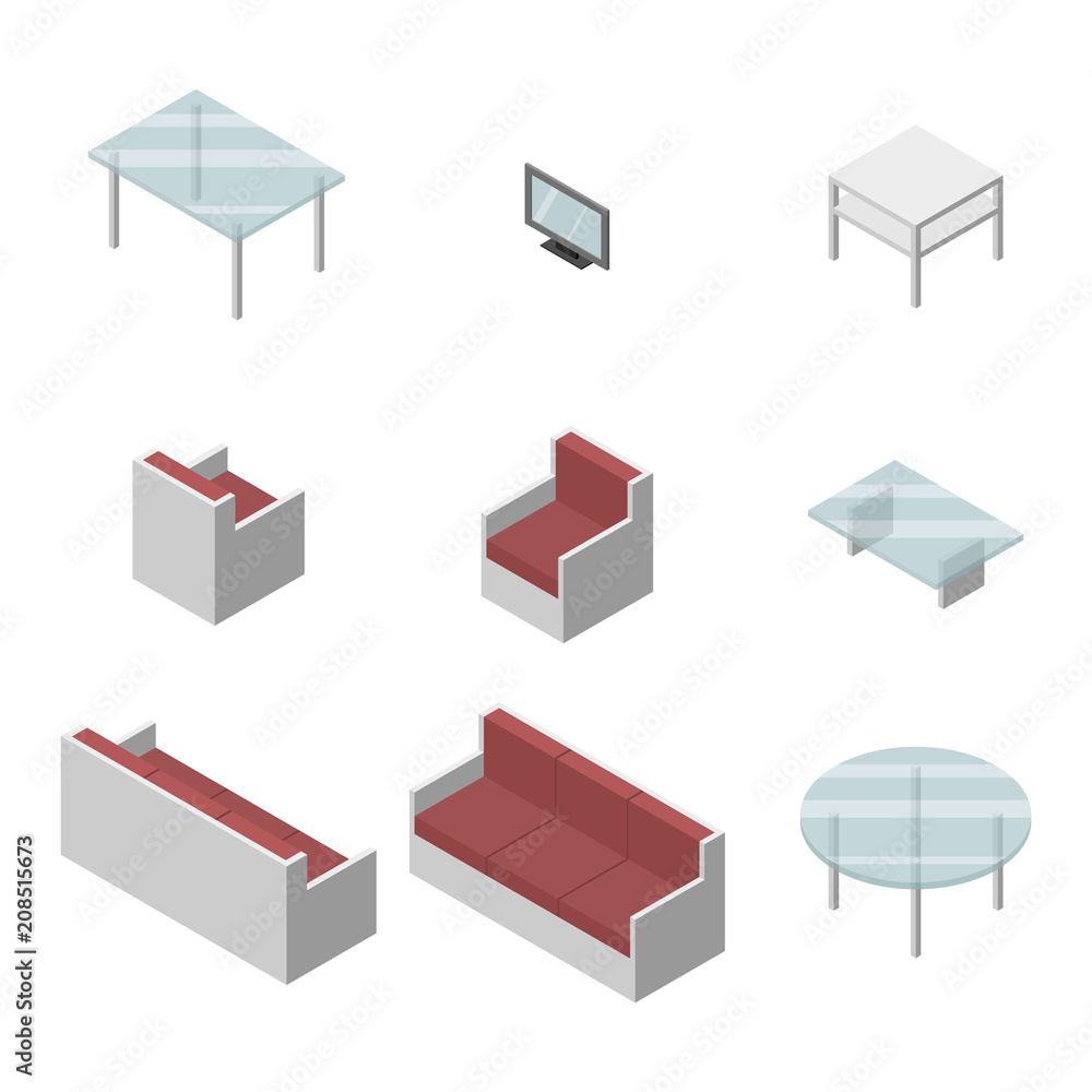 Set Of Living Room Furniture Chair Sofa Table And Television Isometric ...
