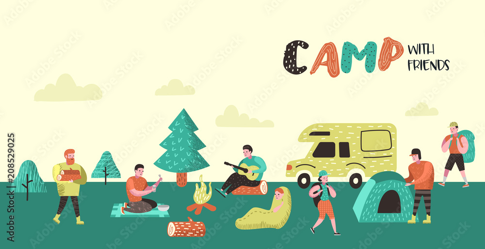 Summer Camping Poster, Banner. Cartoon Characters People in Camp ...