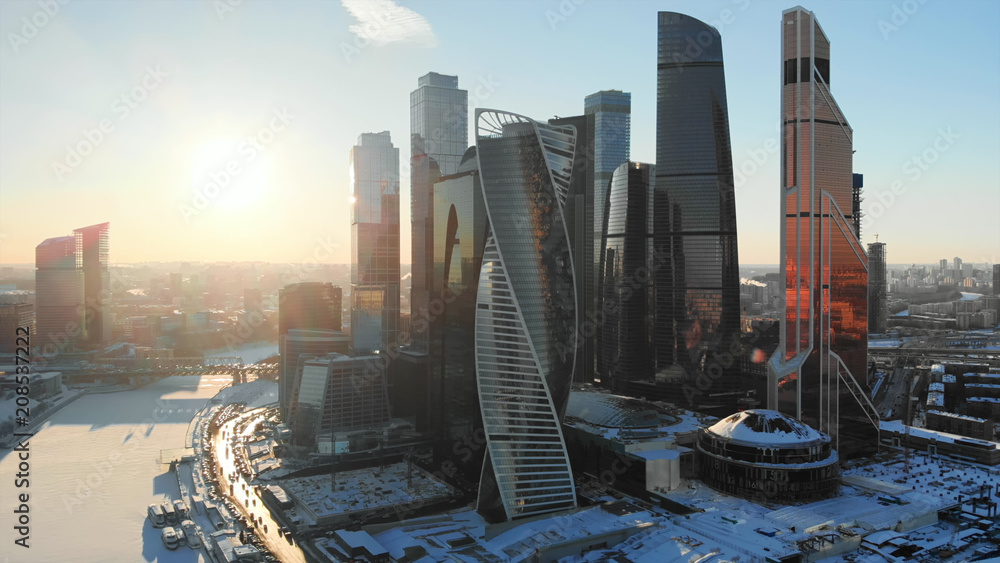 Moscow City business center skyscrapers, sunset winter aerial cityscape ...