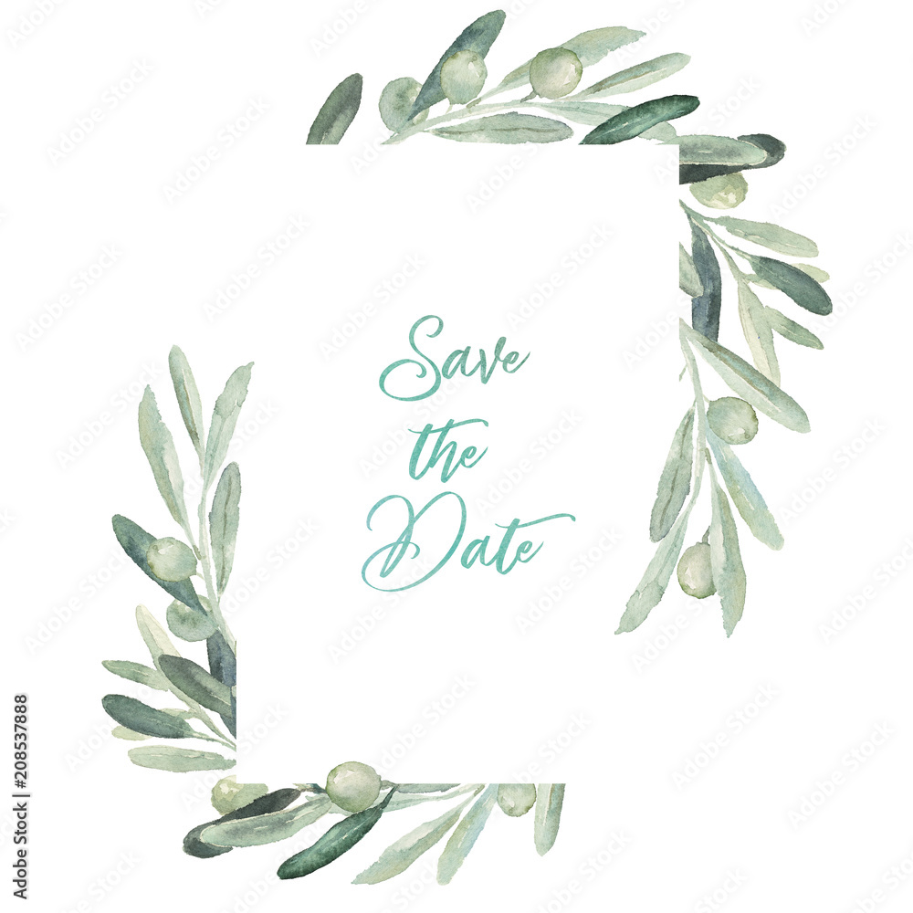 Watercolor olive floral illustration - olive branch frame / border for ...
