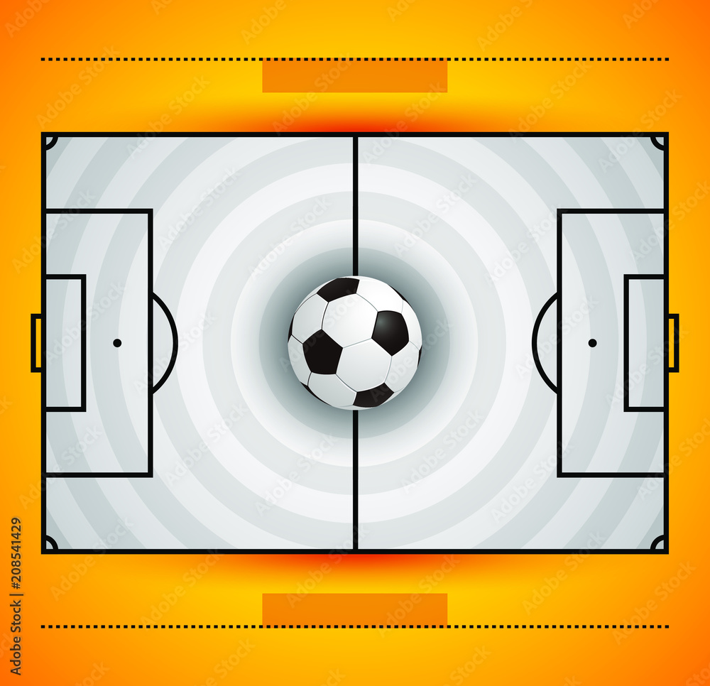 Football field with circular grass texture and soccer ball, yellow and ...