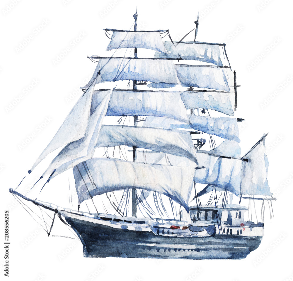 Watercolor hand drawn nautical / marine illustration with sailing ship ...