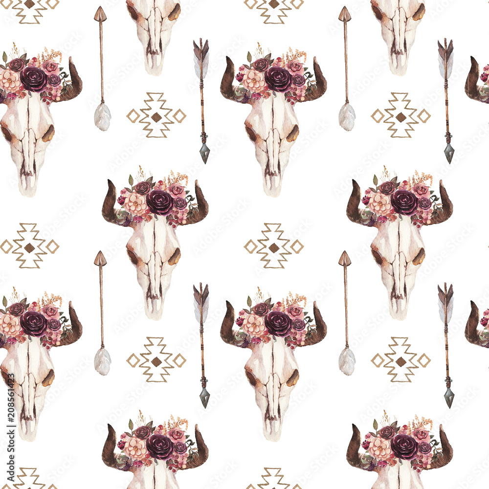 Watercolor ethnic boho seamless pattern of bull cow skull horn floral ...