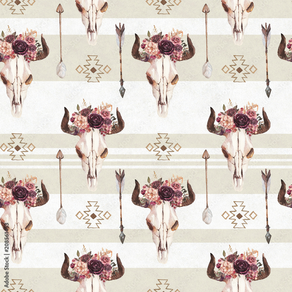 Watercolor ethnic boho seamless pattern of bull cow skull horn floral ...