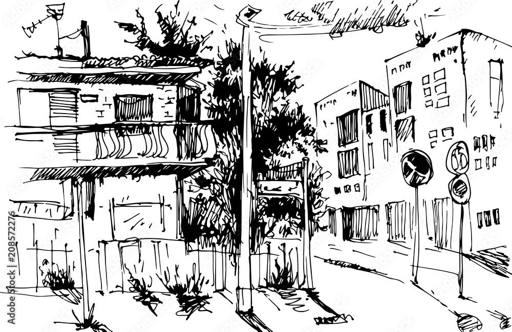 Vector Urban landscapes in hand drawn ink line style. Old city street ...