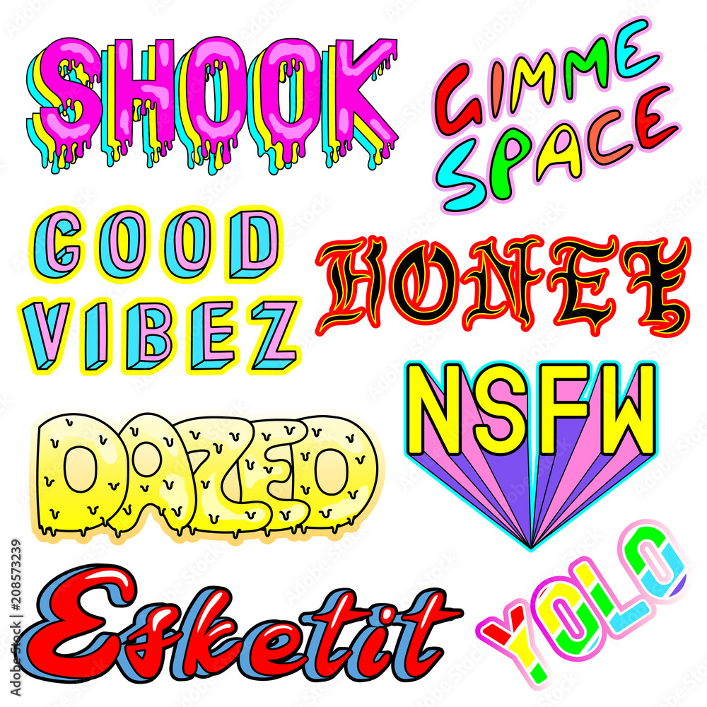 Vector set of cartoon colorful phrases, words: "Shook", "Gimme space ...