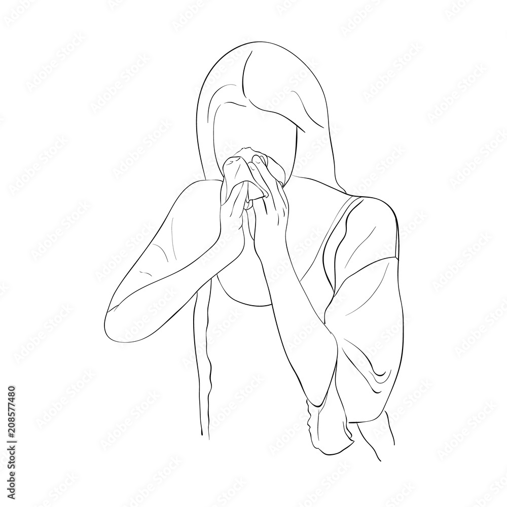 Young woman with runny nose suffering from influenza, blowing her nose ...