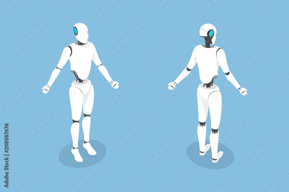 Flat isometric vector illustration. Fron and back view of a cyborg ...