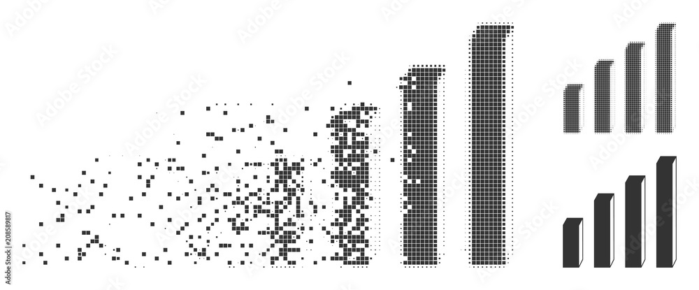 Gray vector 3d bar chart icon in fractured, pixelated halftone and ...