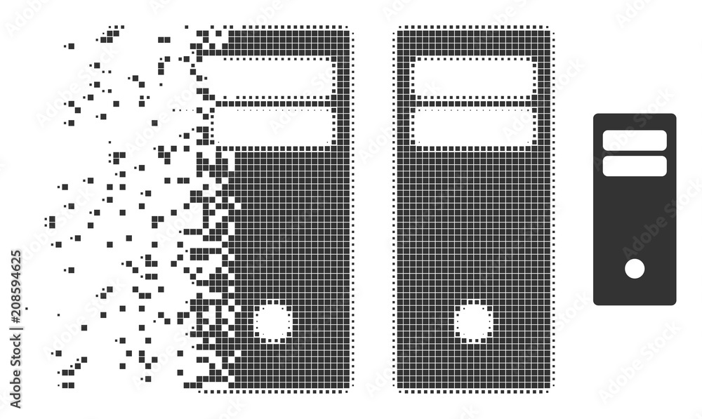 Grey vector computer mainframe icon in dispersed, pixelated halftone and undamaged solid ...