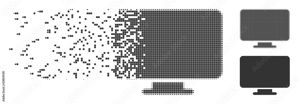 Grey vector desktop icon in fractured, pixelated halftone and undamaged ...