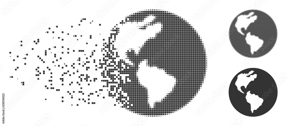 Gray vector Earth icon in dispersed, pixelated halftone and undamaged ...