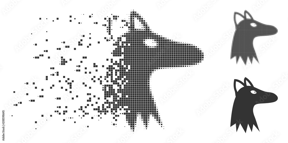 Gray vector fox head icon in dispersed, pixelated halftone and ...