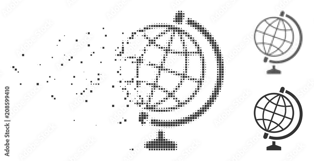 Gray vector global icon in dissolved, pixelated halftone and undamaged ...