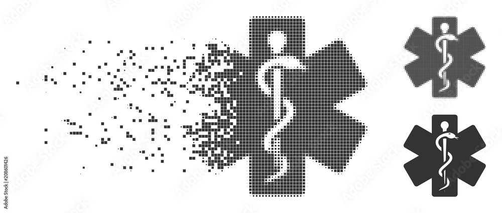 Grey vector life star medical emblem icon in fractured, pixelated ...