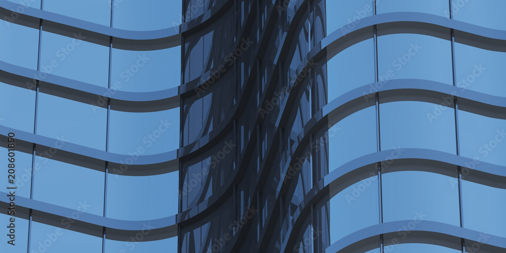 3D stimulate of high rise curve glass building and dark steel window ...