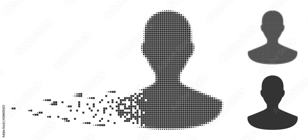 Gray vector person icon in dissolved, dotted halftone and undamaged ...