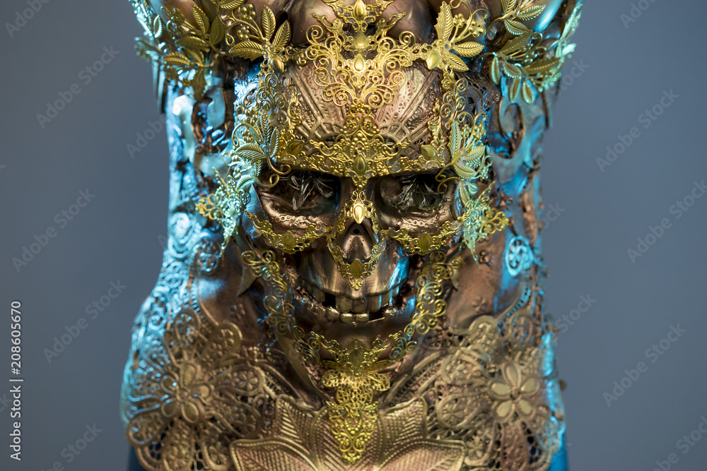 Gold Fashion Model Dress, gothic design with golden skull. golden ...