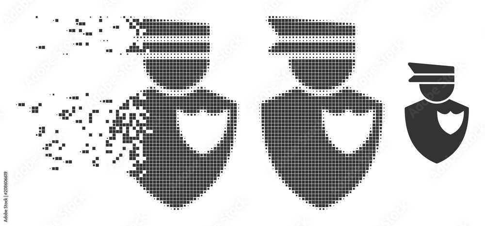 Grey vector policeman icon in dissolved, pixelated halftone and ...