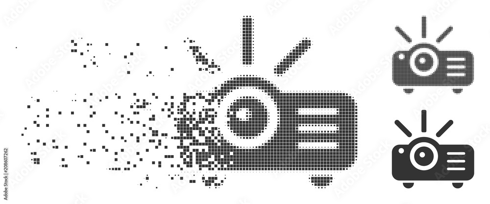 Grey vector projector icon in dissolved, pixelated halftone and ...
