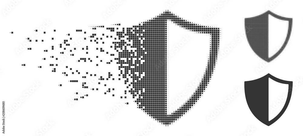 Grey vector shield icon in dissolved, pixelated halftone and undamaged ...