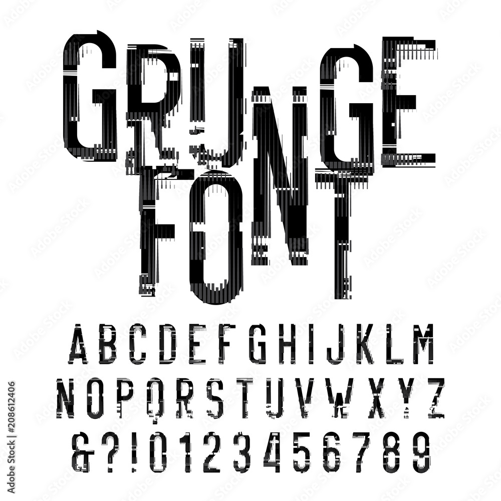 Grunge alphabet font. Distressed type letters and numbers on white ...