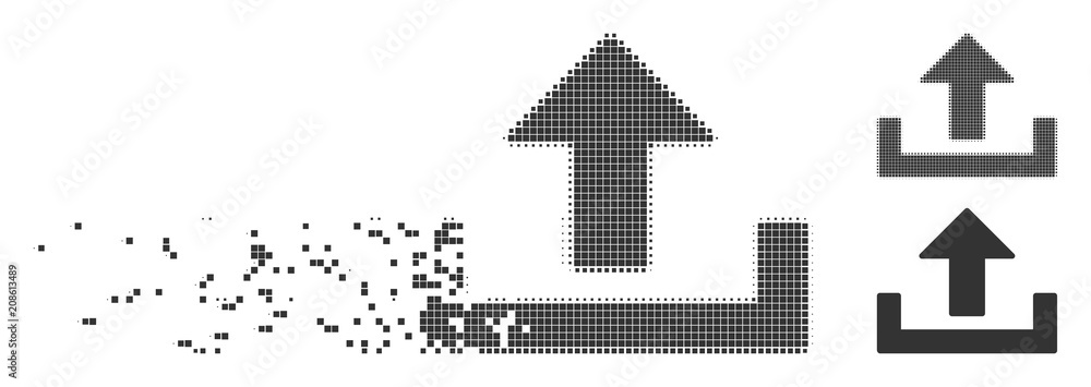 Gray vector upload icon in fractured, pixelated halftone and undamaged ...