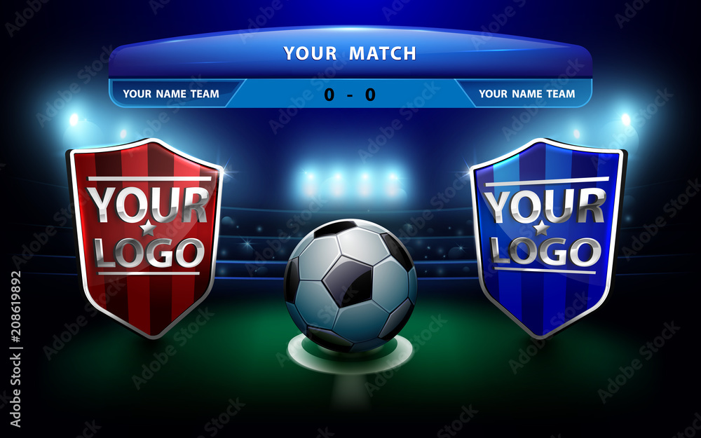 Football team with scoreboard on green field and stadium background ...