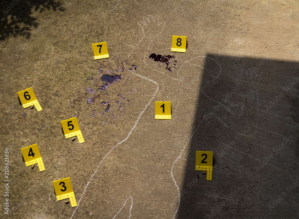 Crime scene. Shape of body on concrete texture. Traces tagged with ...