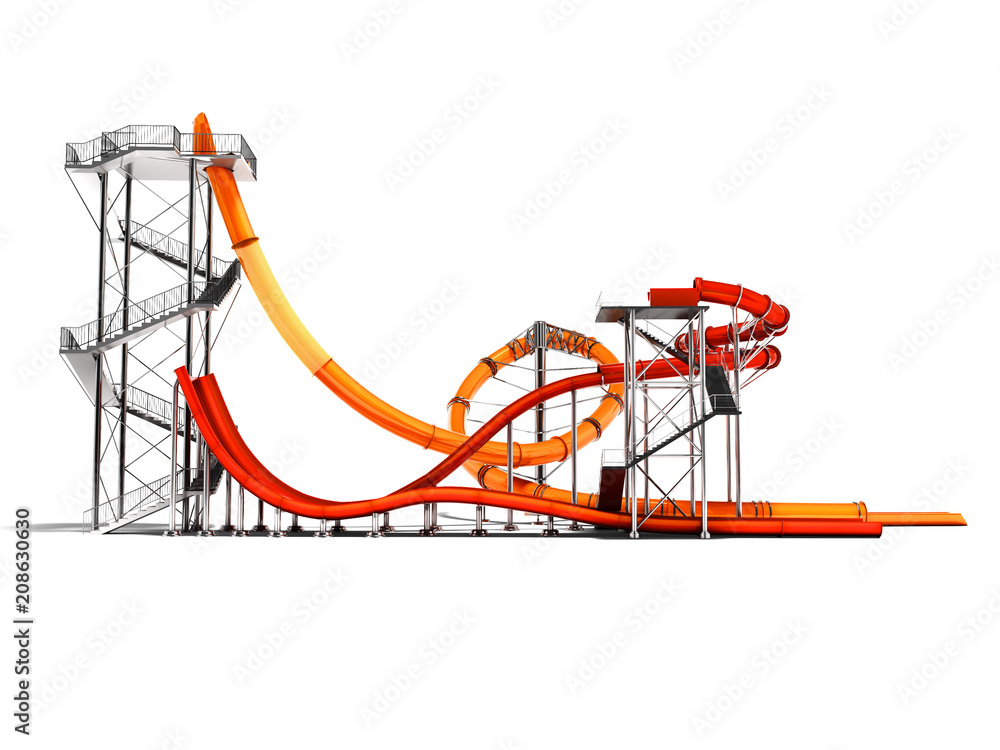 Modern two red and orange water slides for water park on the side 3d ...
