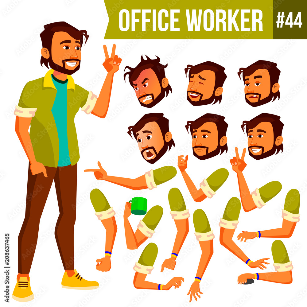 Office Worker Vector. Indian. Face Emotions, Various Gestures ...