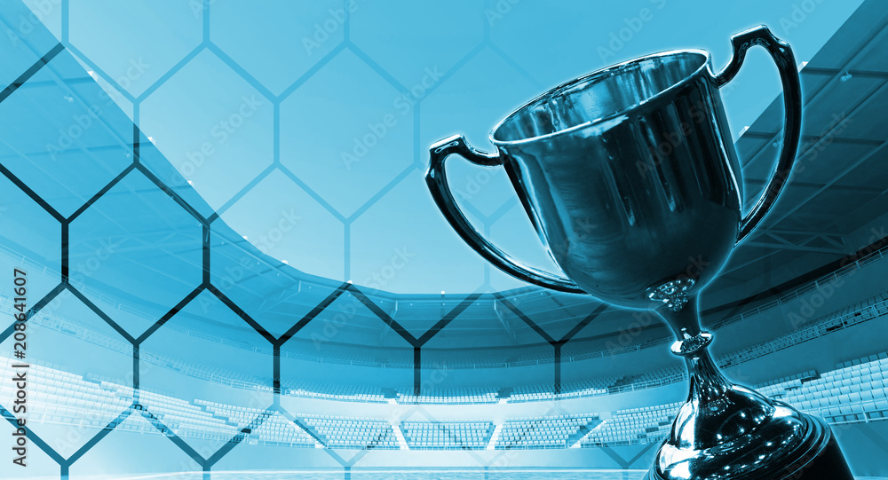 Blue theme trophy with background fade hexagon pattern on stadium ...