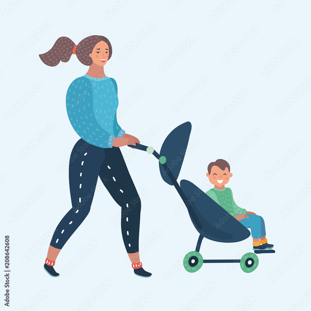Cartoon mom and toddler in pram Stock Vector | Adobe Stock