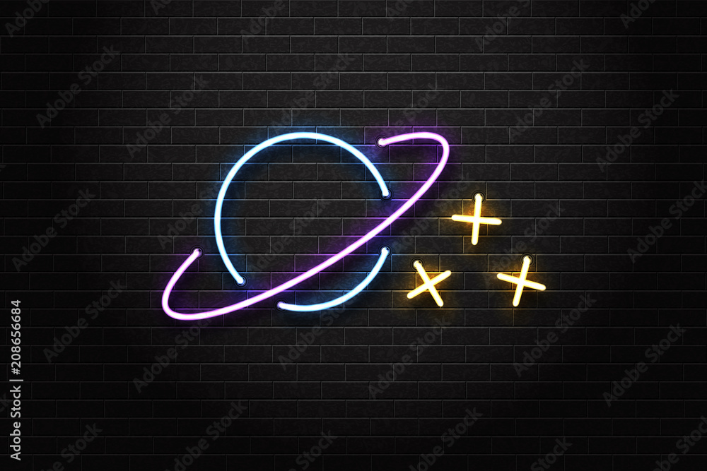 Vector realistic isolated neon sign of planet and stars for decoration ...