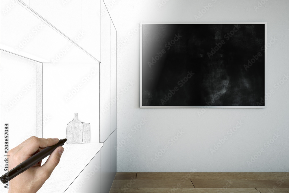 Hand drawing modern kitchen with chalkboard Stock Photo | Adobe Stock