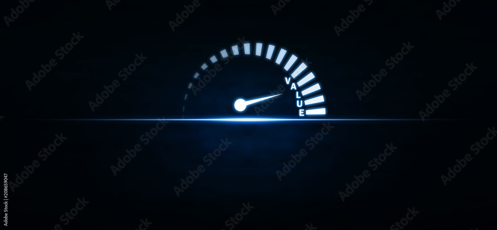 Speedometer with value word on blue light. Business concept Stock Photo ...