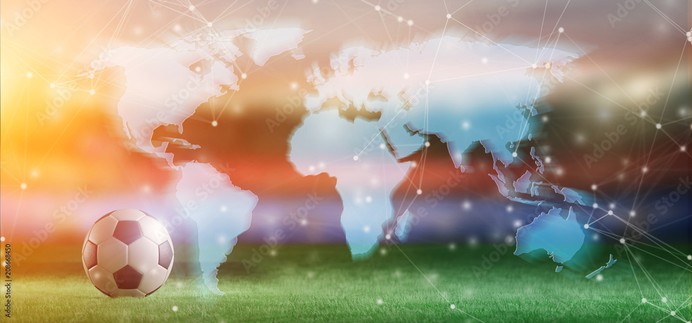 World map over a football stadium fot world cup competition - 3d ...