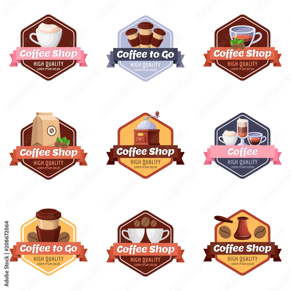 Coffee shop vector logo, label, sticker, emblem set. Cafe or restaurant ...