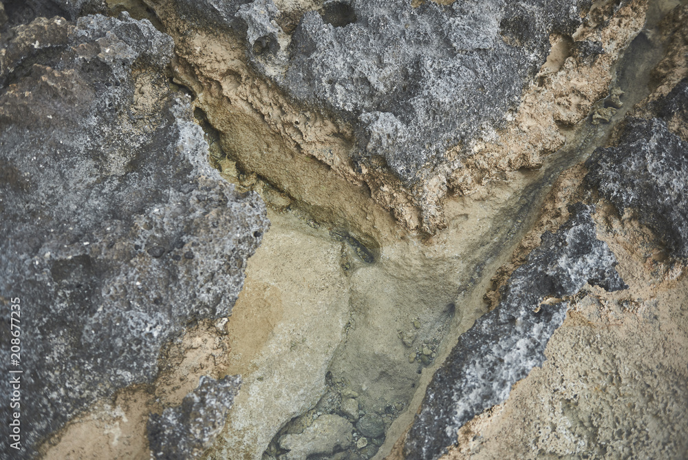 Top view close up steep ravine on rocky mountain. Risk and danger ...