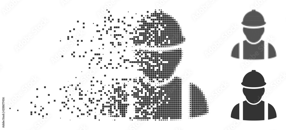 Gray vector builder icon in dissolved, pixelated halftone and undamaged ...