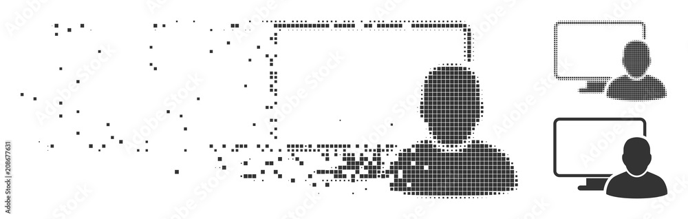 Gray vector computer user icon in dissolved, pixelated halftone and ...
